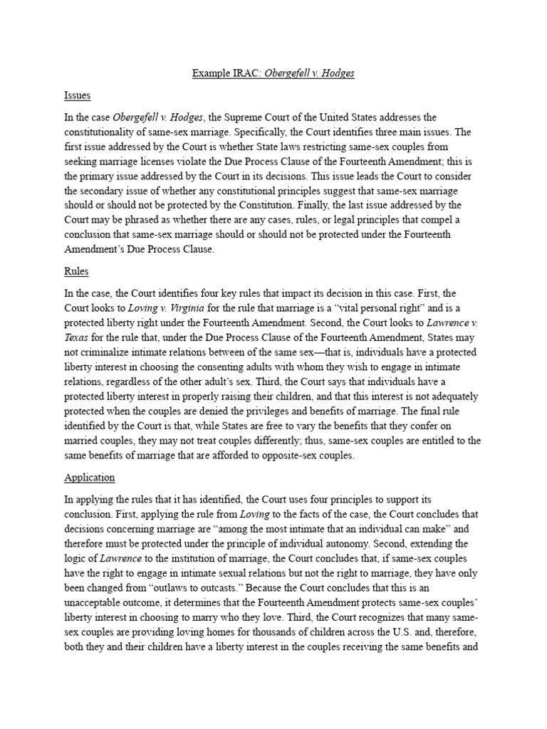 Example IRAC-Obergefell | PDF | Due Process Clause | Fourteenth ...