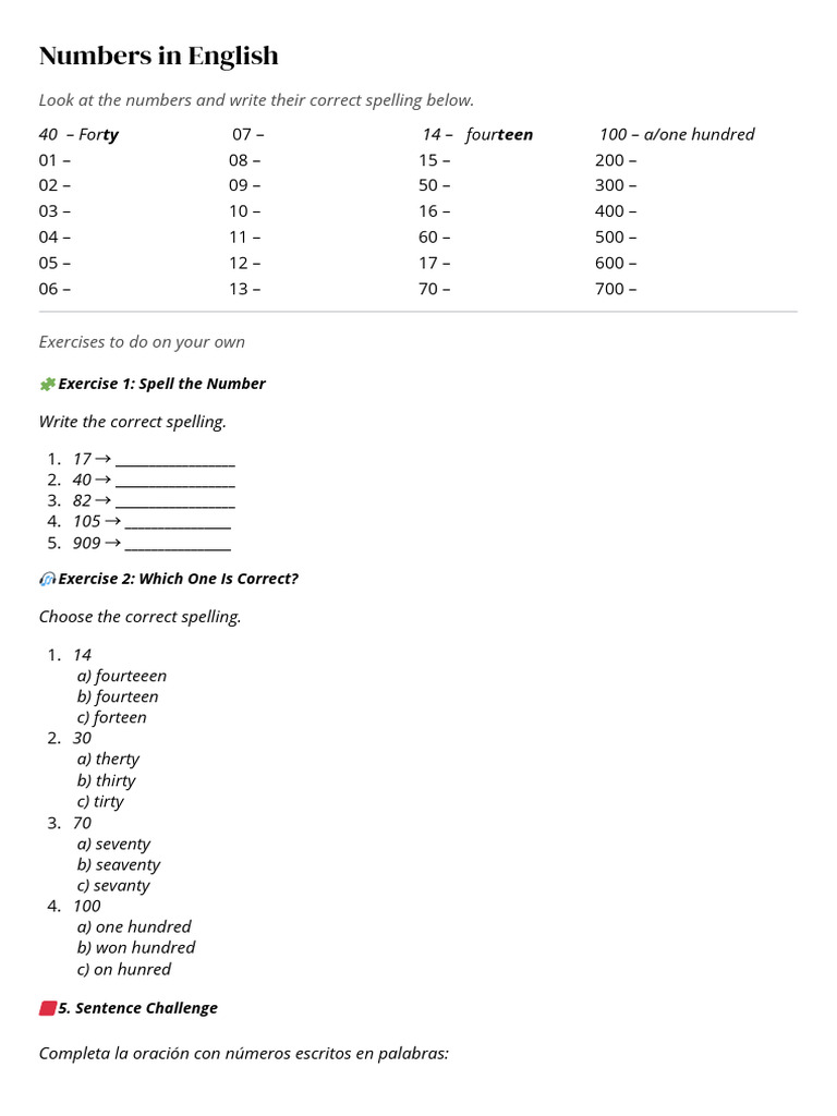 English Number Spelling Exercises | PDF