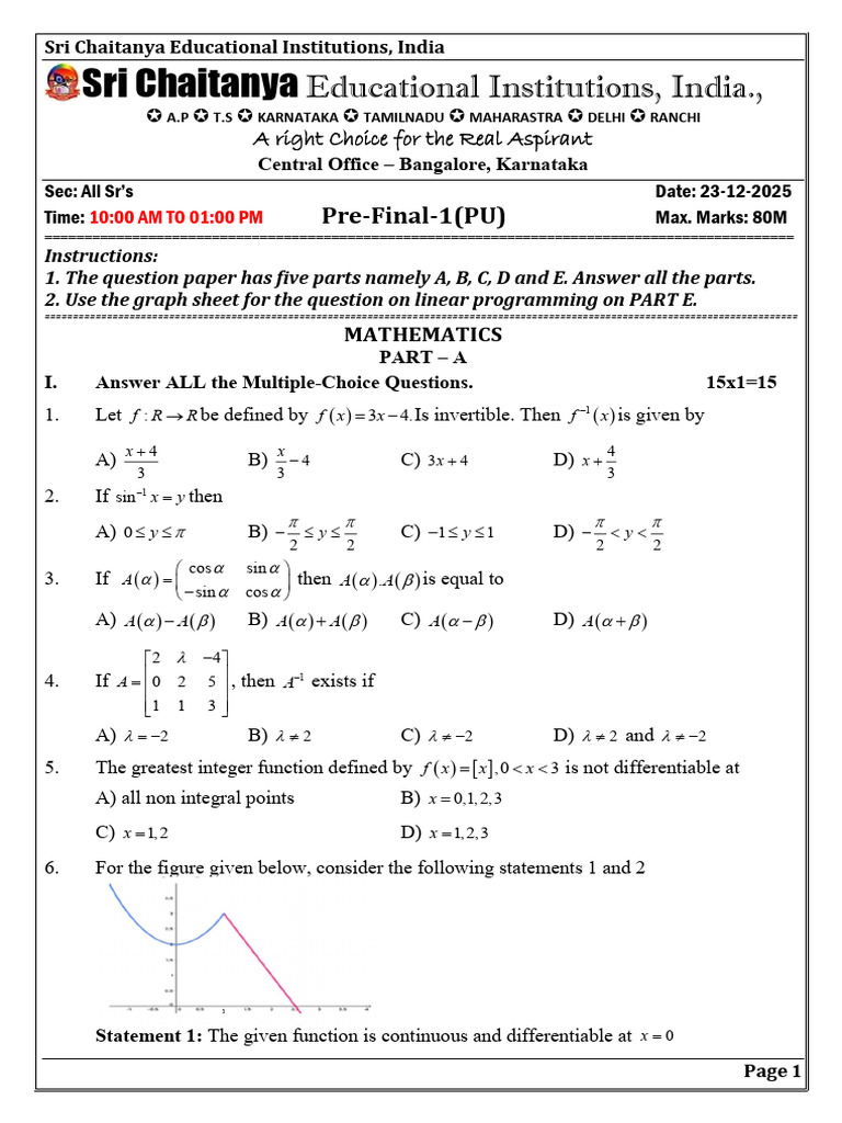 23-12-2025 All Sr's Pre Final-1 MATHS PU Board Q.paper | PDF | Circle ...
