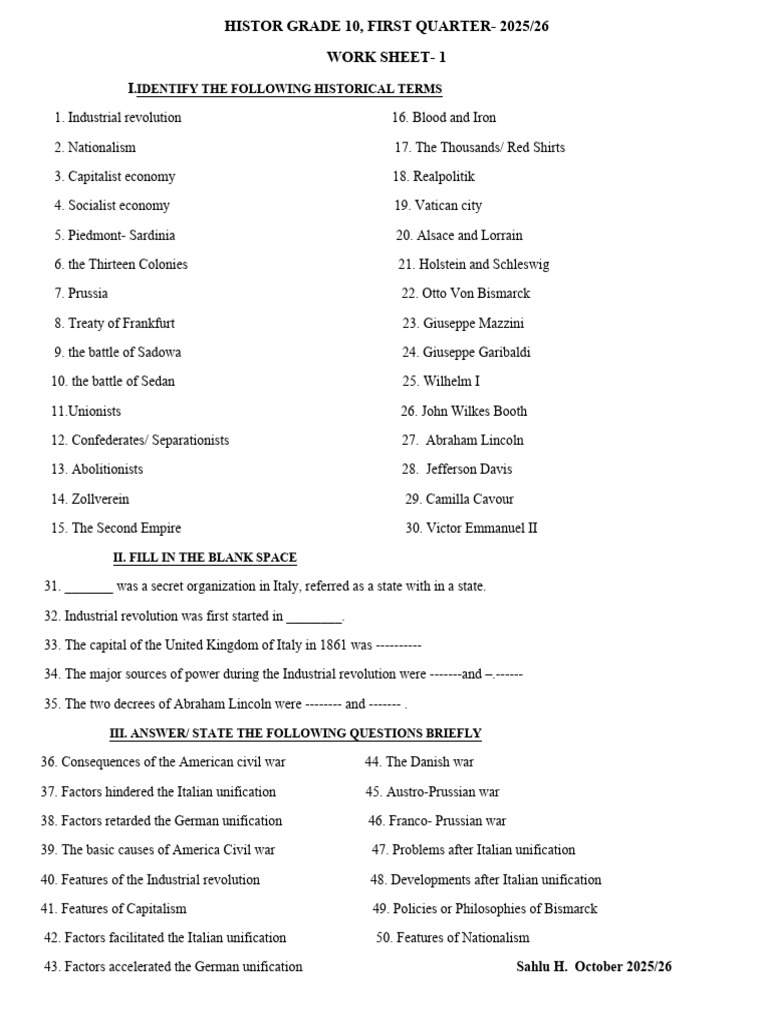 Grade 10 History Terms Worksheet | PDF | Otto Von Bismarck | German Empire