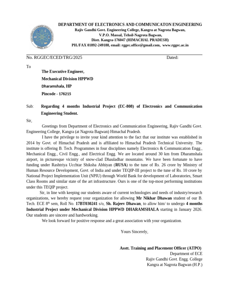 Request for Industrial Project Placement | PDF | Electronics | Engineering