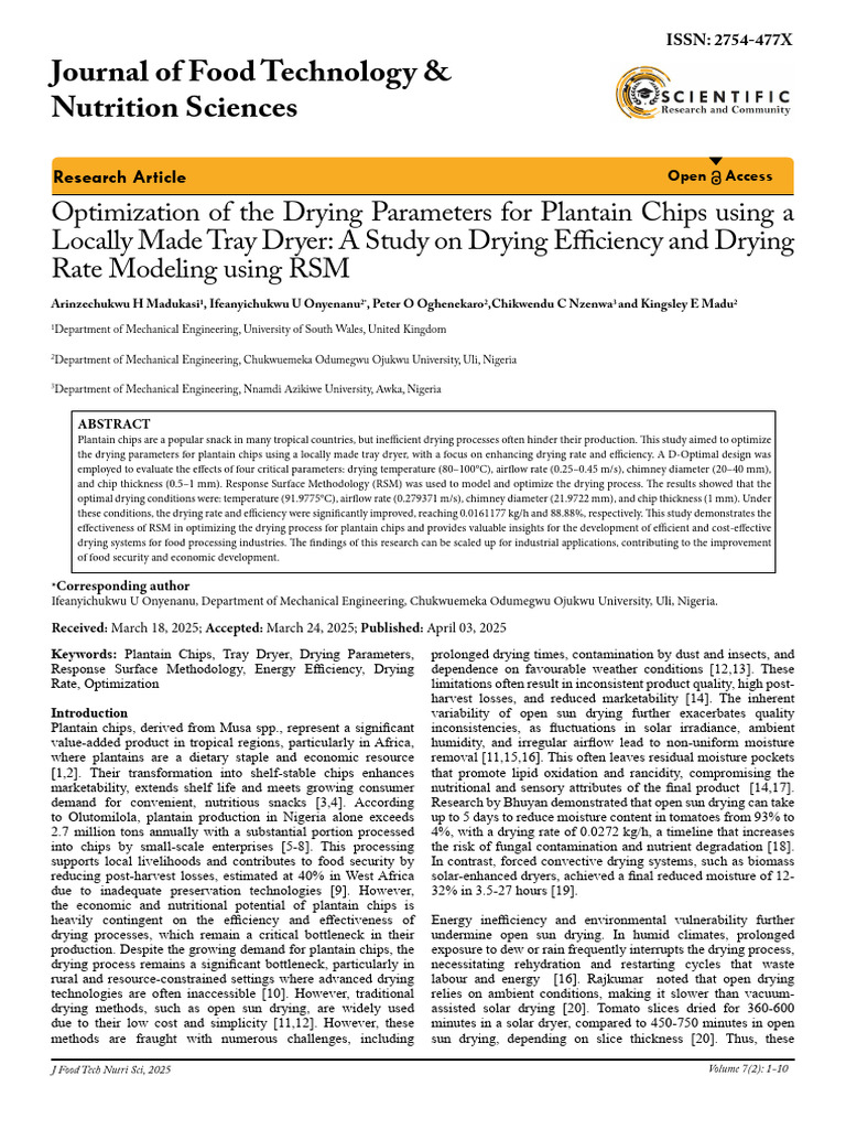 Optimization of The Drying Parameters For Plantain Chips Using A ...