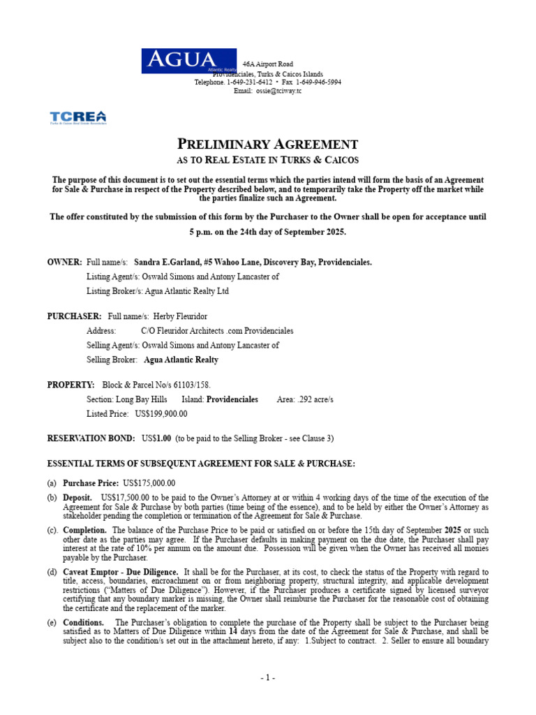 Preliminary Agreement Sandra E. Garland and Herby Fleuridor 2 | PDF ...