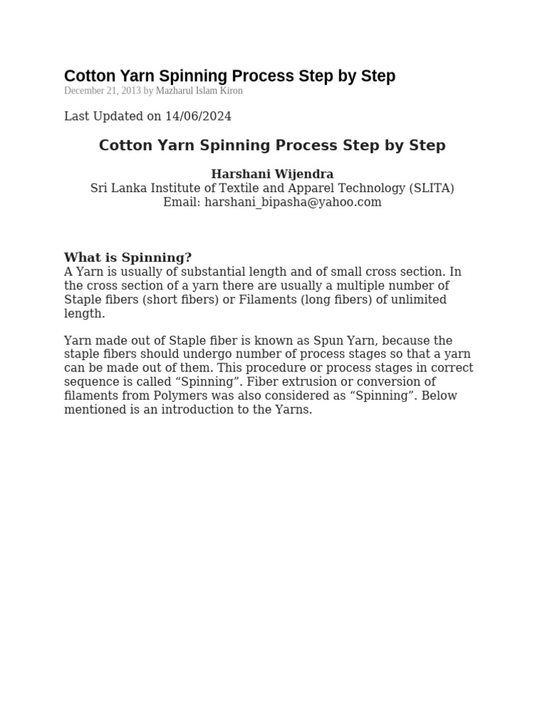 Step-by-Step Cotton Yarn Spinning Guide | PDF | Yarn | Spinning (Textiles)