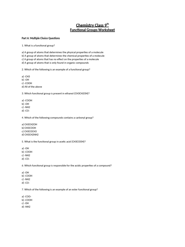 Functional Groups Worksheet for Class 9 | PDF