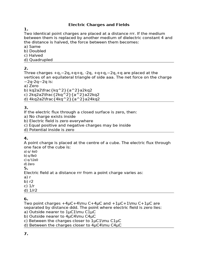 Electric Charges and Fields Quiz Questions | PDF | Electric Field ...