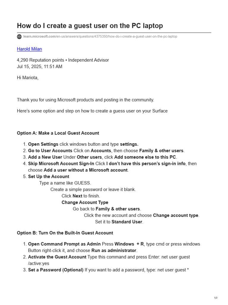 How Do I Create A Guest User On The PC Laptop | PDF