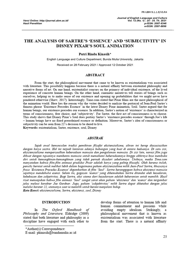 The Analysis of Sartre's Essence' and Subjectivity' in Disney Pixar's ...