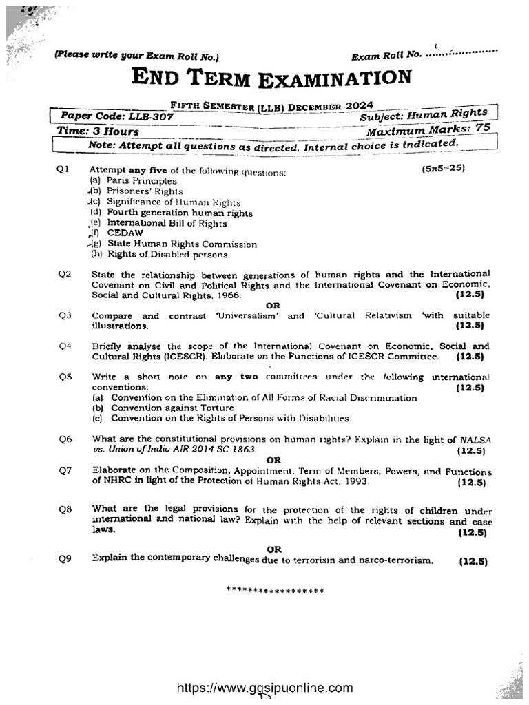 LLB 5 Sem Human Rights LLB 307 Dec 2024 | PDF