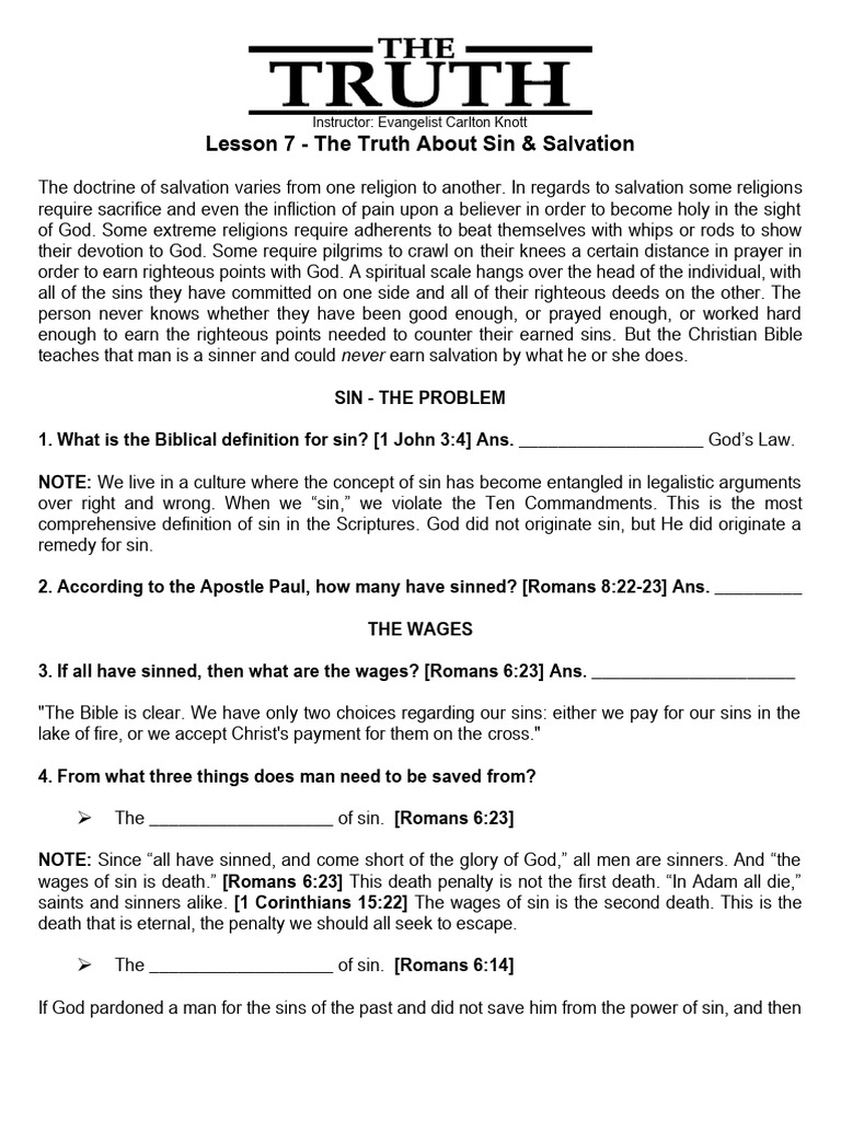 Lesson 7 The Truth About Sin Salvation | PDF | Salvation | Sin