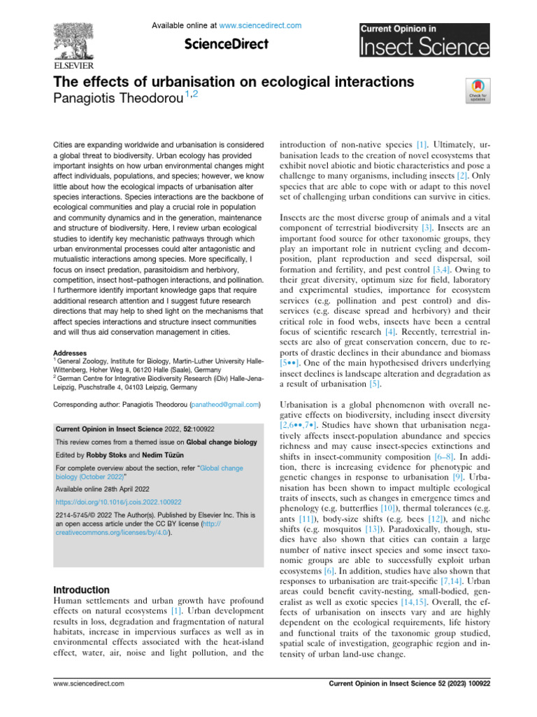 The Effects of Urbanisation On Ecological Interactions | PDF ...