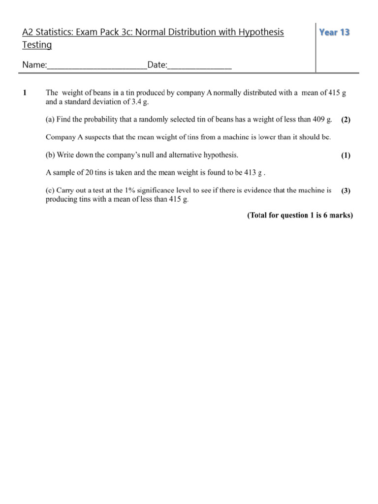 Exam Pack 3c - Normal Distribution With Hypothesis Testing | PDF