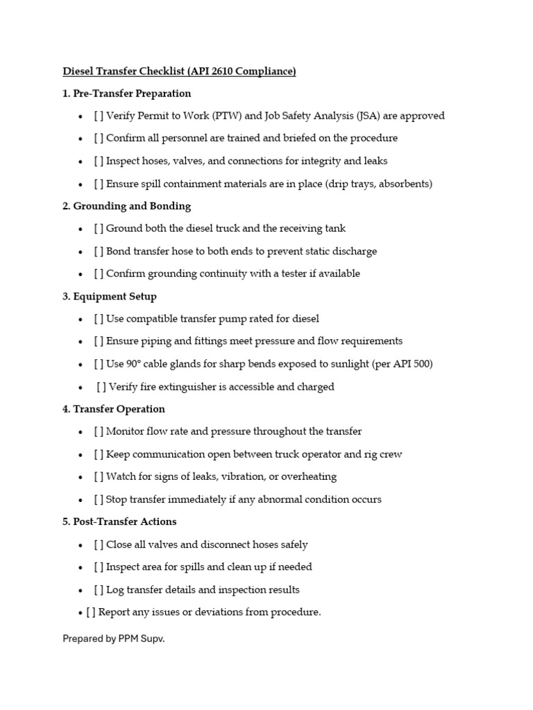 Diesel Transfer Checklist | PDF