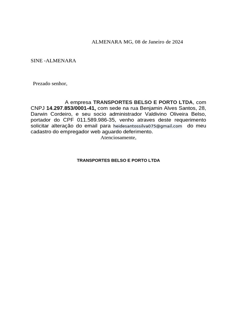 Solicitação de Alteração de Email SINE | PDF