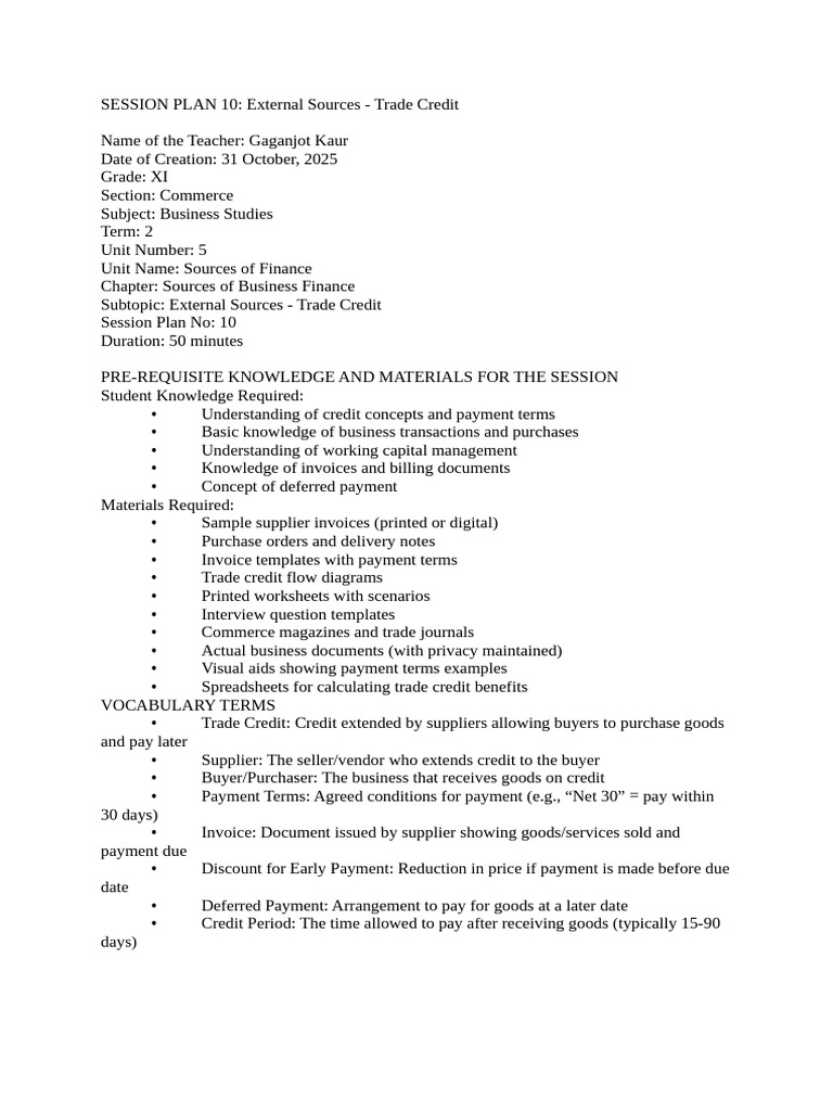 SESSION PLAN 10 - Sources of Business Finance | PDF | Credit | Finance ...
