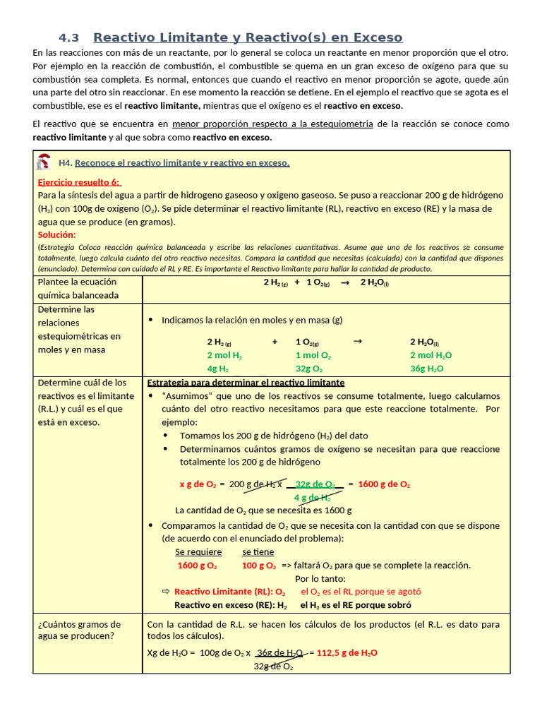 Reactivo Limitante y Rendimiento en Reacciones | PDF | Estequiometría ...