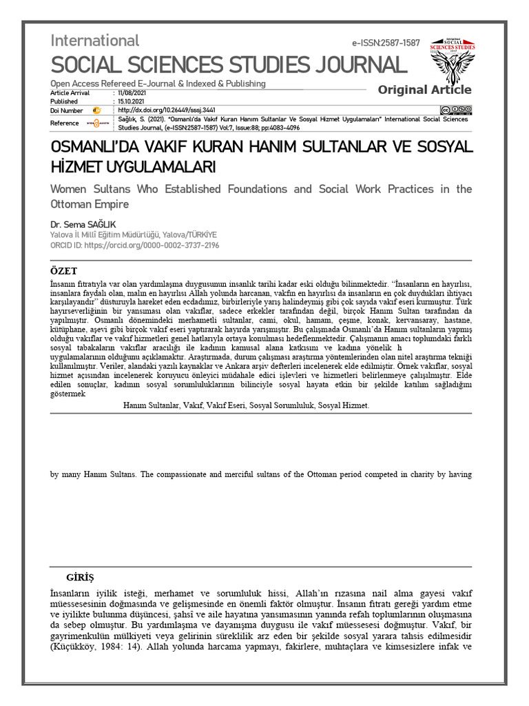 Osmanlı Da Vakıf Kuran Hanm Sultanlar Ve Sosyal Hizmet Uygulamaları | PDF