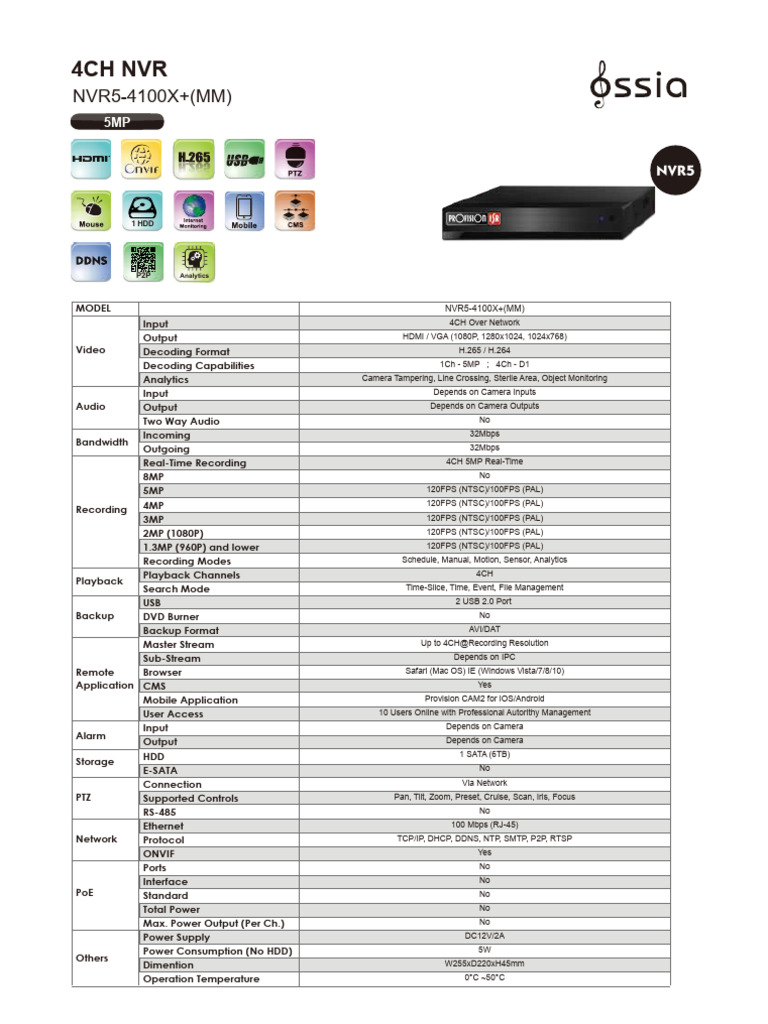 4CH NVR Specifications and Features | PDF | Computer Network | Usb