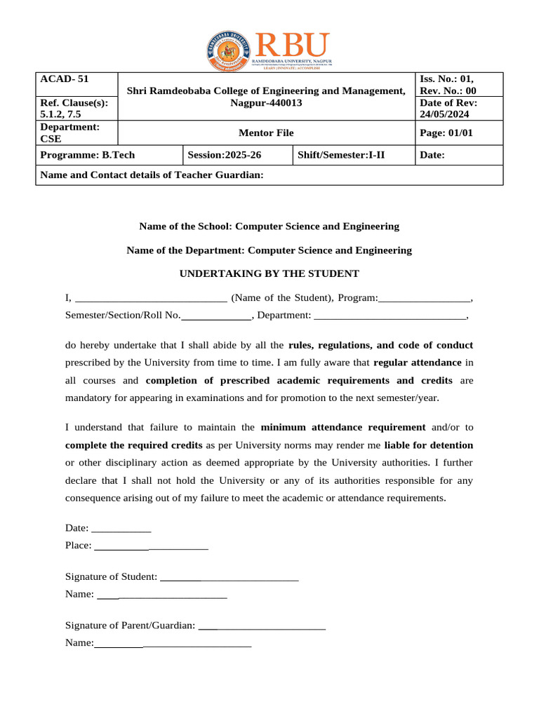 CSE Student Undertaking Form 2025-26 | PDF