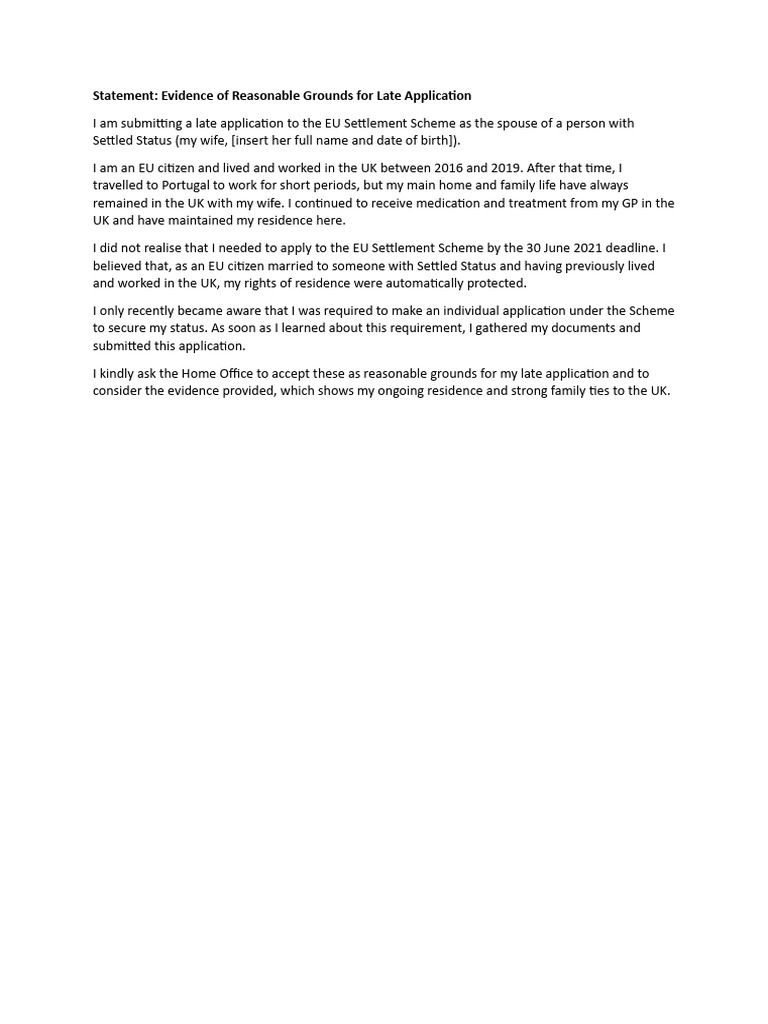 Late EU Settlement Scheme Application Justification | PDF