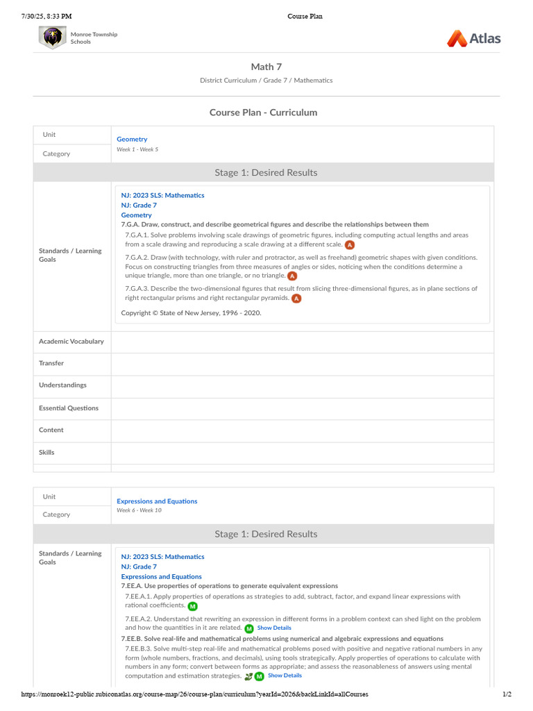 Seventh Grade Math Curriculum | PDF | Equations | Numbers