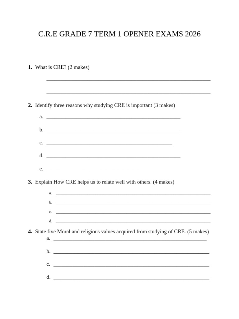 Grade 7 CRE Term 1 Exam Questions | PDF | Chess Theory | Chess