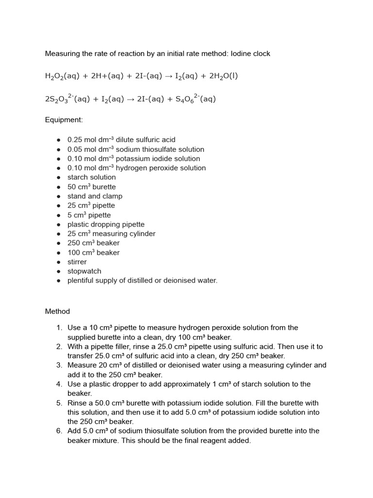 Iodine Clock Reaction Experiment Guide | PDF