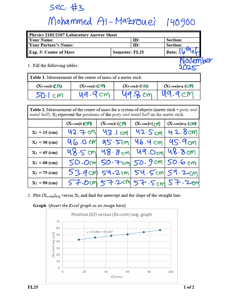 FL25 Lab 5 Center of Mass Answer Sheet 251116 201042 | PDF | Mass