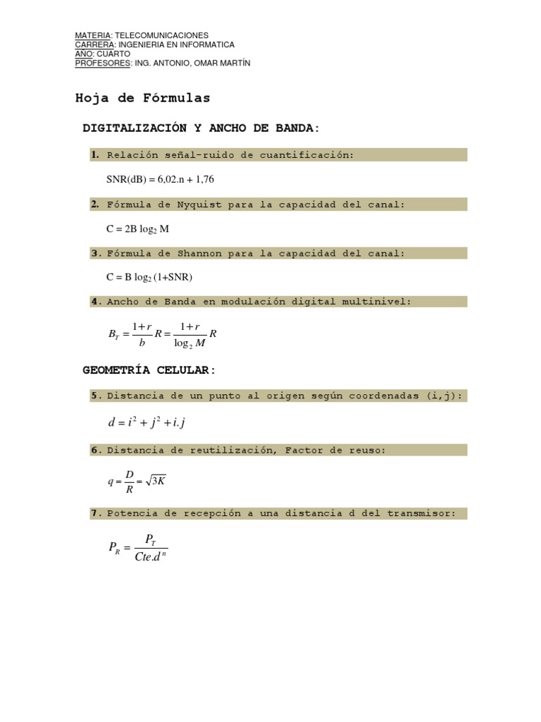 Hoja de Fórmulas - Telecomunicaciones | PDF | Radio | Ingeniería en ...