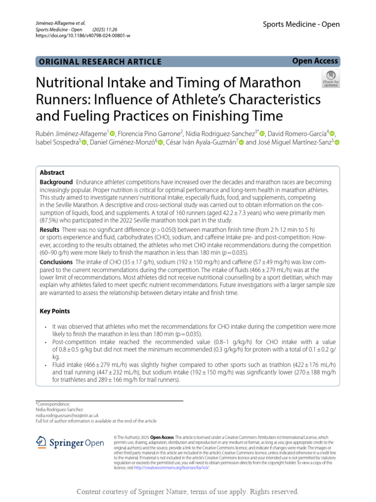 Nutritional Intake and Timing of Marathon Runners | PDF | Glycogen ...