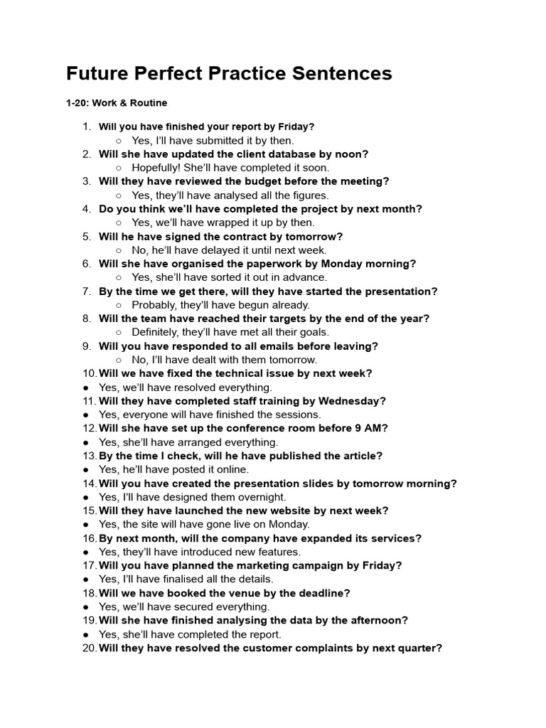 Future Perfect Practice Sentences | PDF