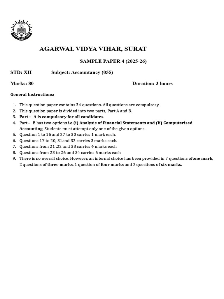 Accountancy Sample Paper STD XII 2025-26 | PDF | Debits And Credits ...