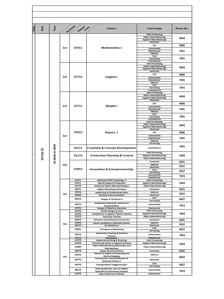 Class Test Routine Feb-2025 | PDF | Textiles | Engineering