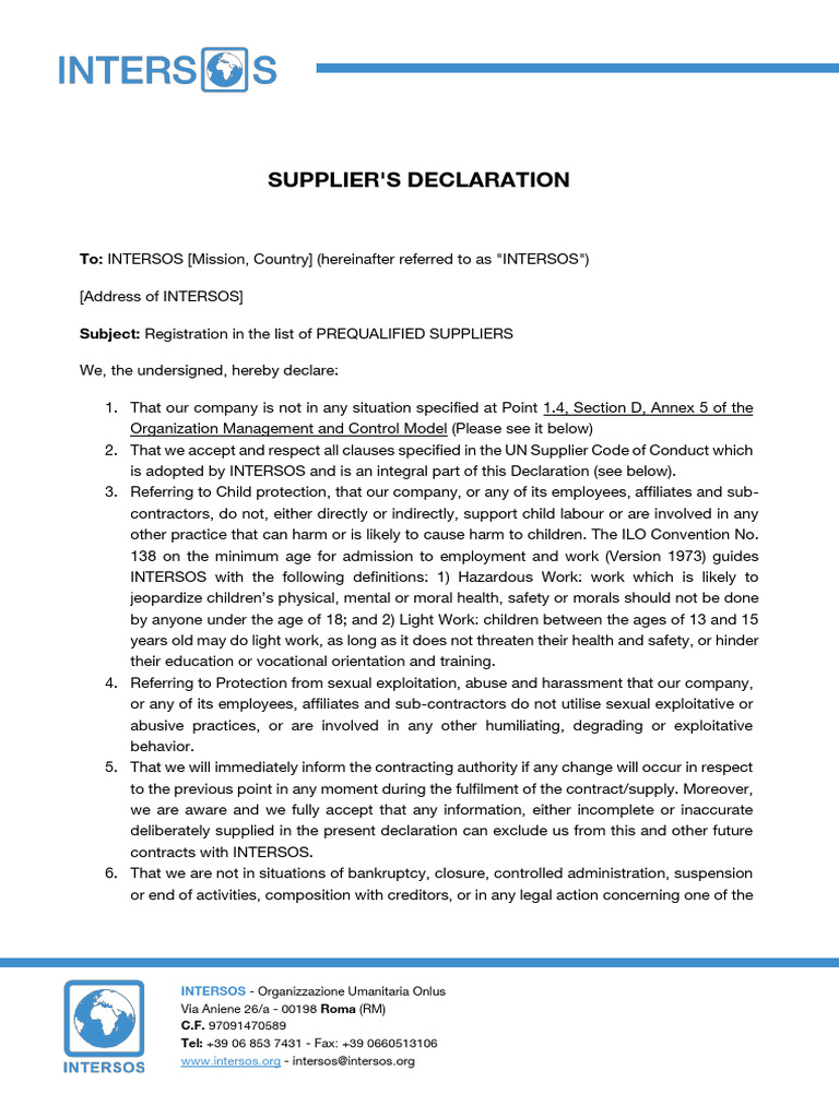 INTERSOS Supplier Declaration Template | PDF | Waste Management | Waste