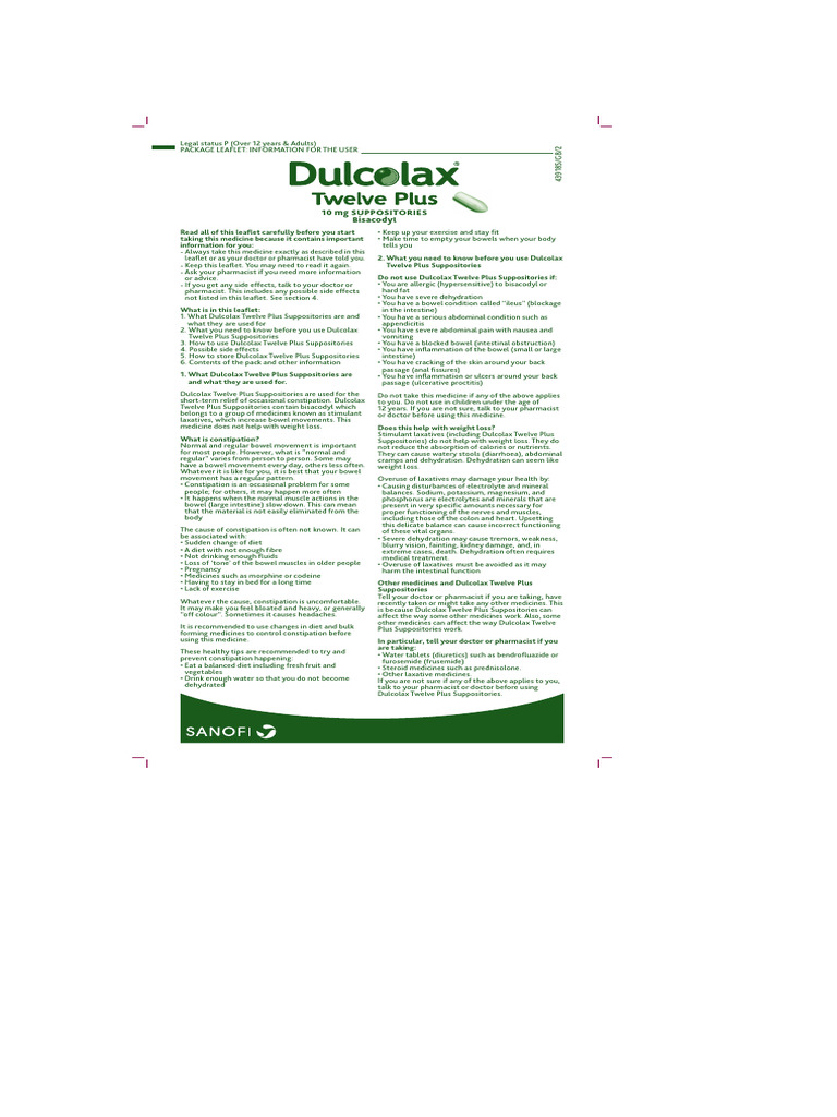 Dulcolax Twelve Plus Suppositories Guide | PDF | Constipation ...
