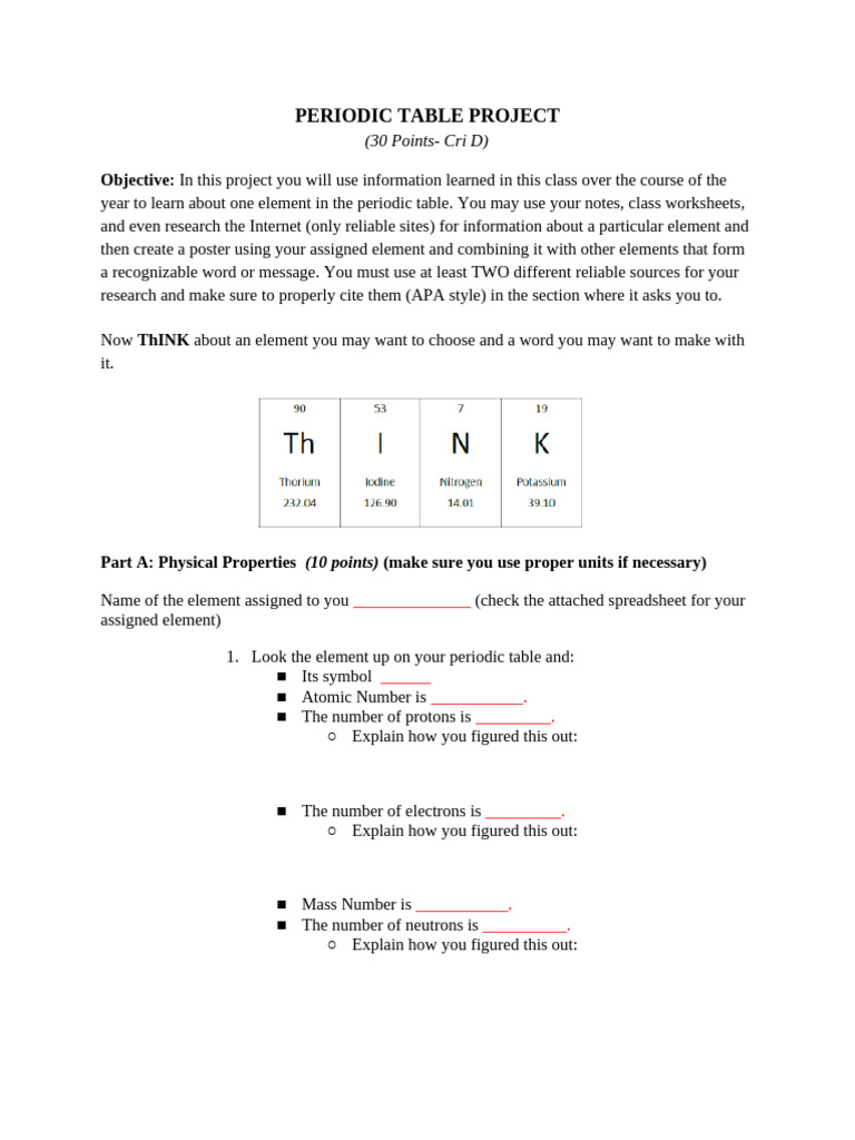 Periodic Table Element Project Guide | PDF | Chemical Elements ...