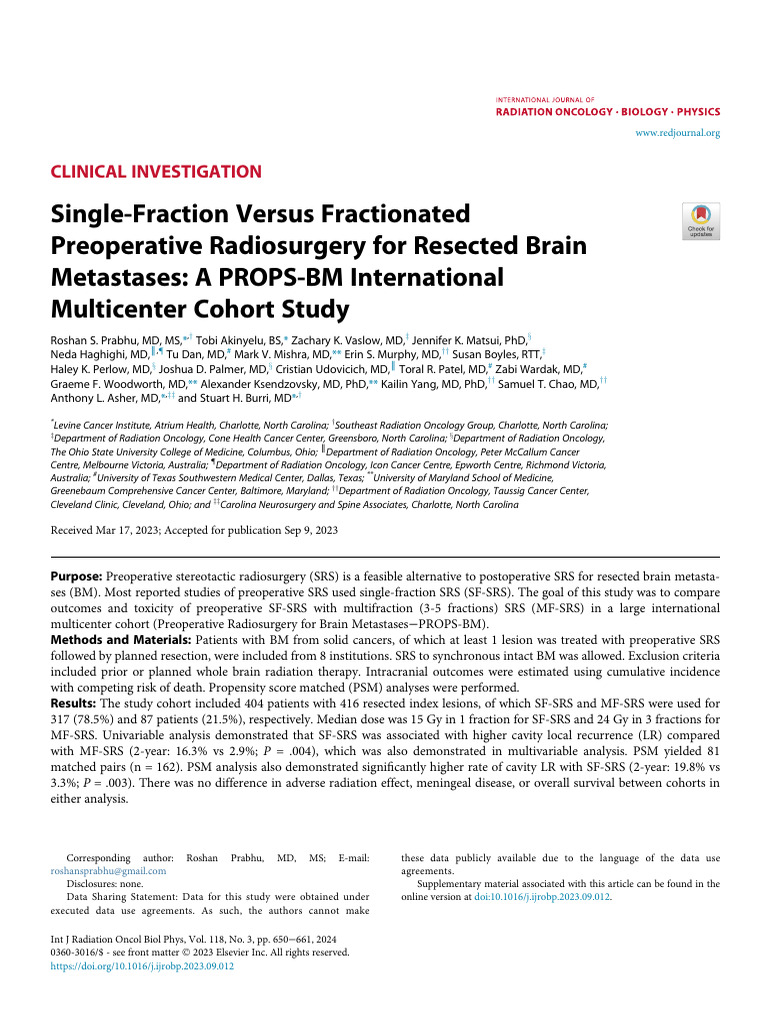 Single-Fraction Versus Fractionated Preoperative Radiosurgery For ...