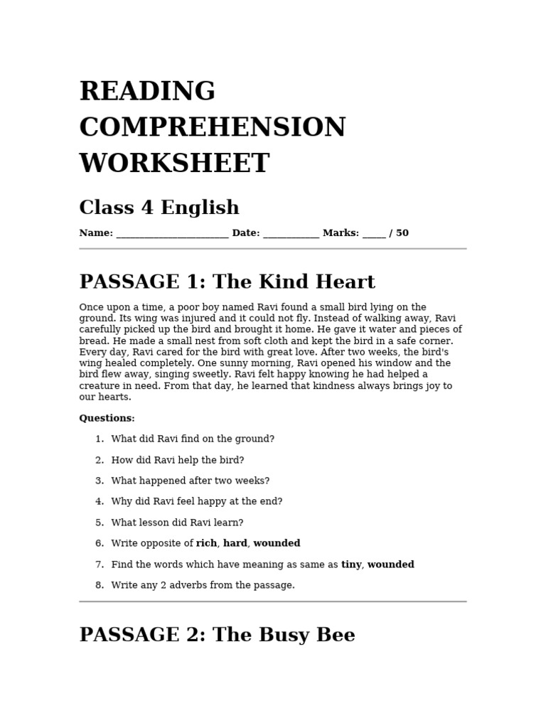 Class 4 Reading Comprehension Worksheets | PDF | Moon | Rainbow