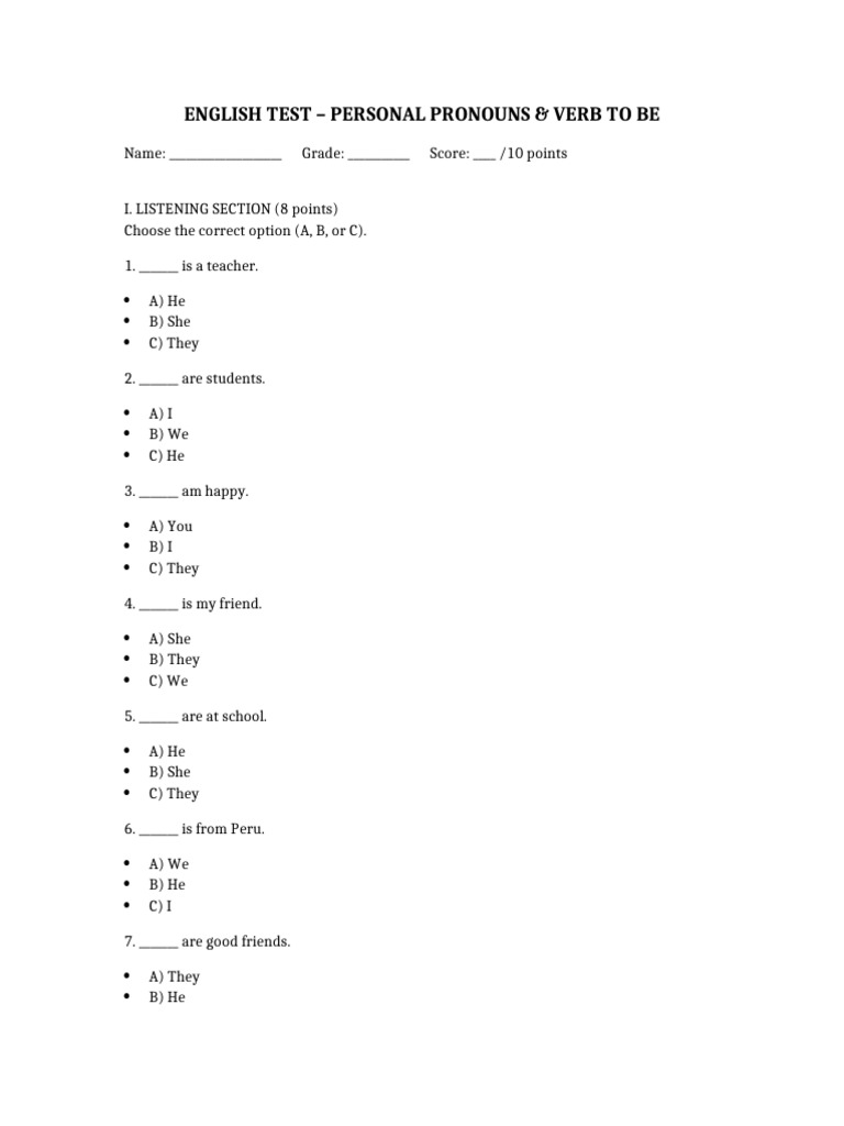 English Test: Pronouns & Verb "To Be" | PDF