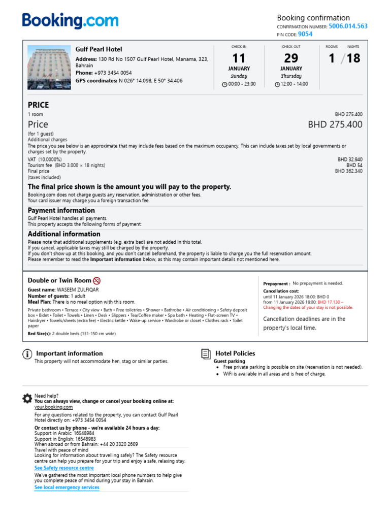 Waseem Hotel Booking Confirmation | PDF | Fee | Taxes