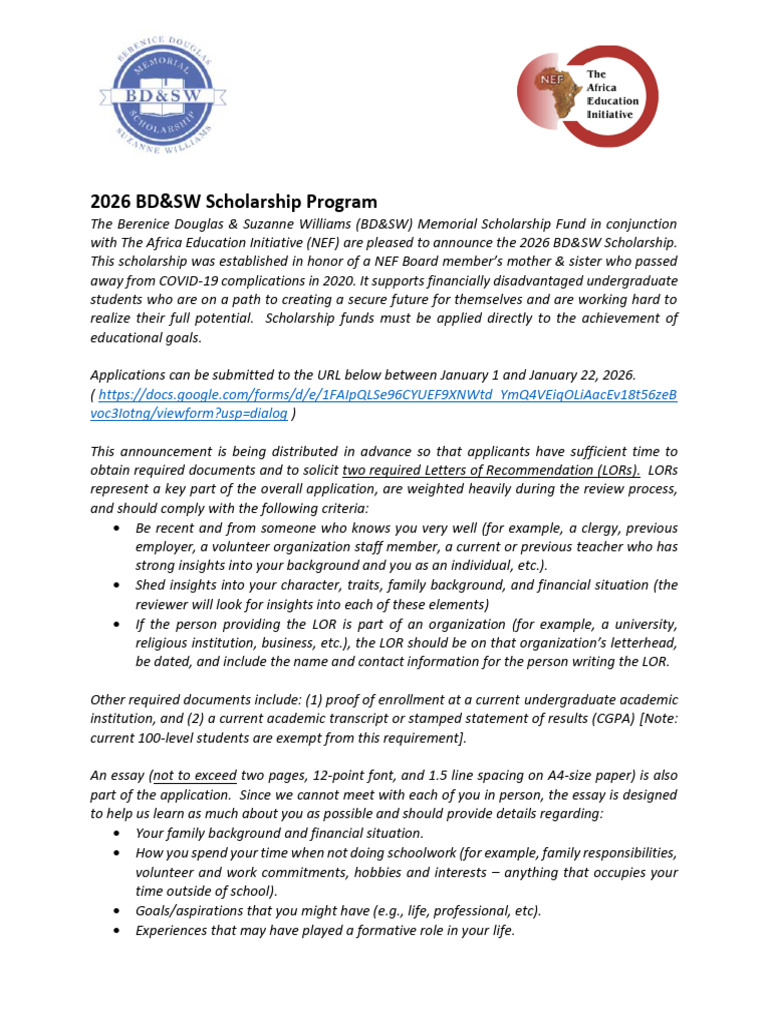 2026 BD&SW Scholarship Application Guide | PDF