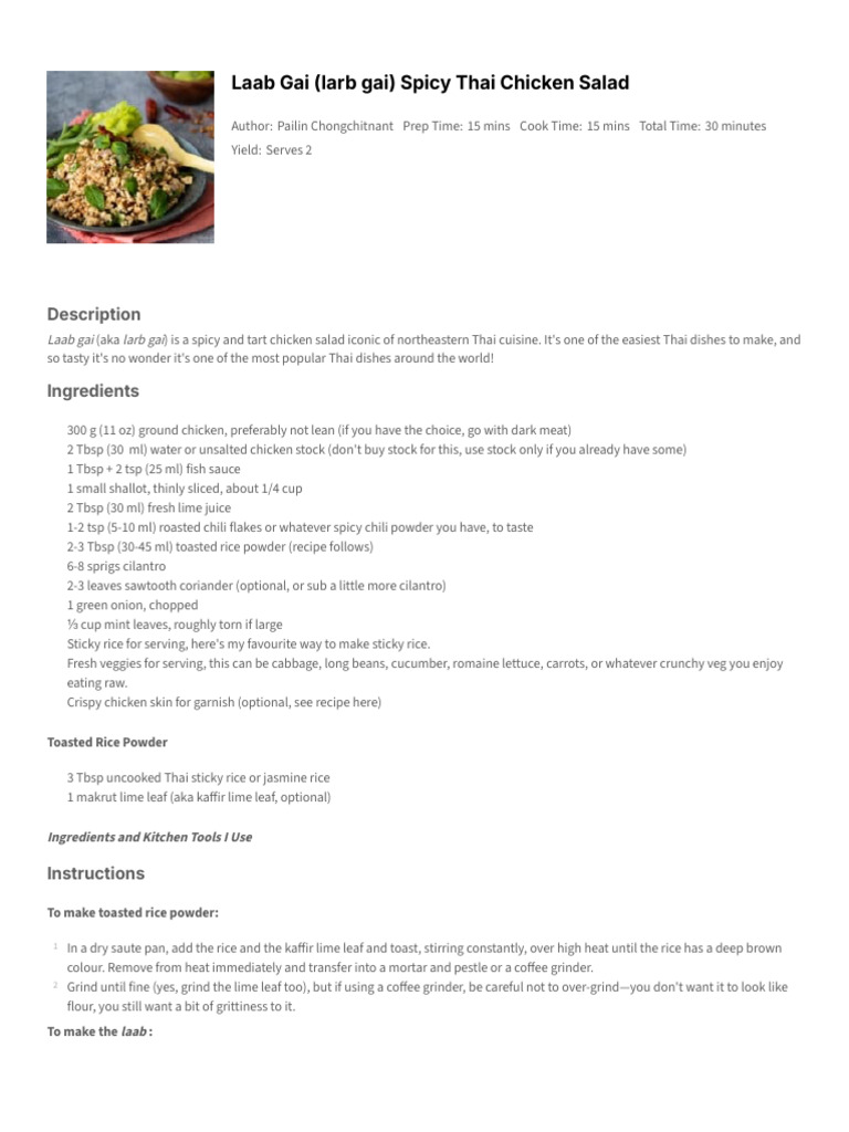 Spicy Laab Gai Thai Chicken Salad Recipe | PDF | Thai Cuisine | Coriander