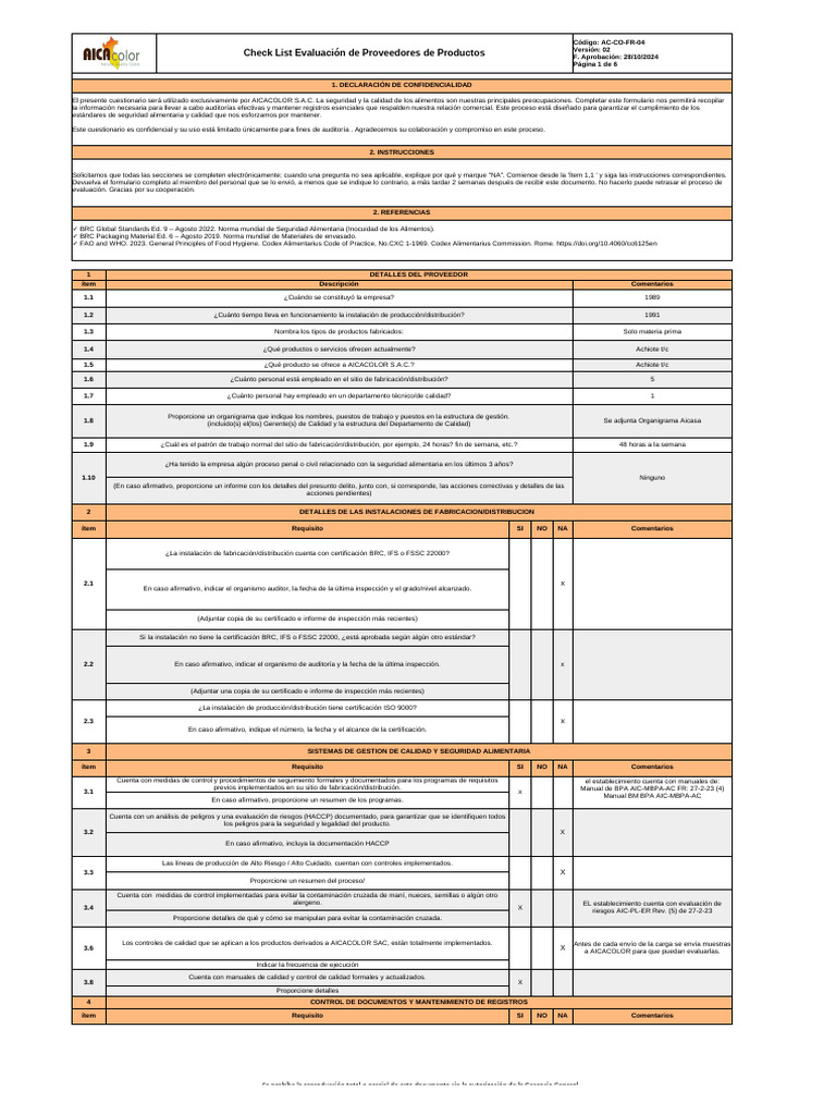 Check List Evaluación Proveedor Materia Prima - Achiote | PDF ...