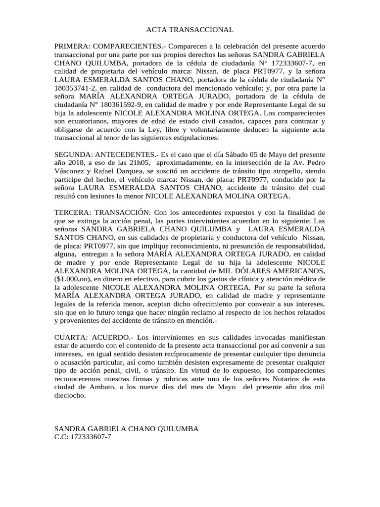 ACTA TRANSACCIONAL Alexandra Ortega Transito Lesiones. | PDF