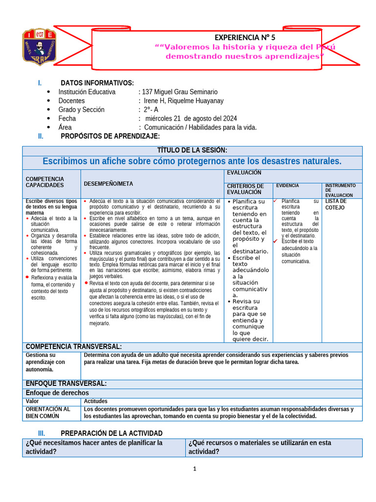 Sesión 6 Escribimos Un Afiche Sobre Cómo Protegernos Ante Los Desastres