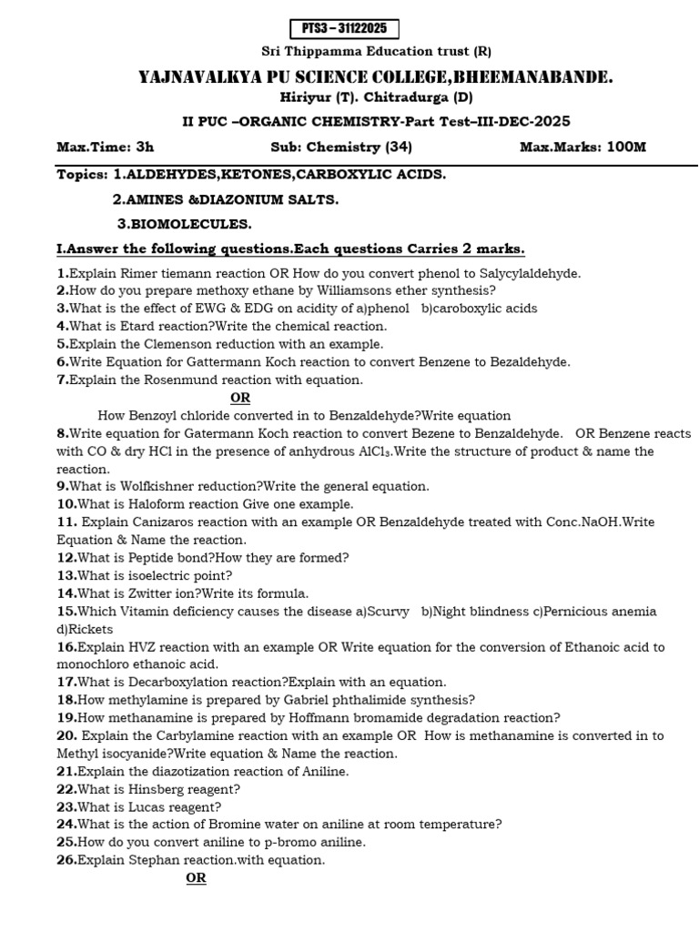 Organic Chemistry Part Test-03-Yps | PDF | Chemical Reactions | Amine
