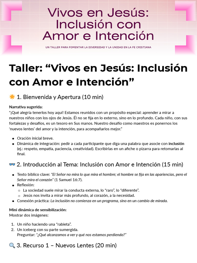 ? Taller “Vivos en Jesús Inclusión Con Amor e Intención” | PDF | Amor