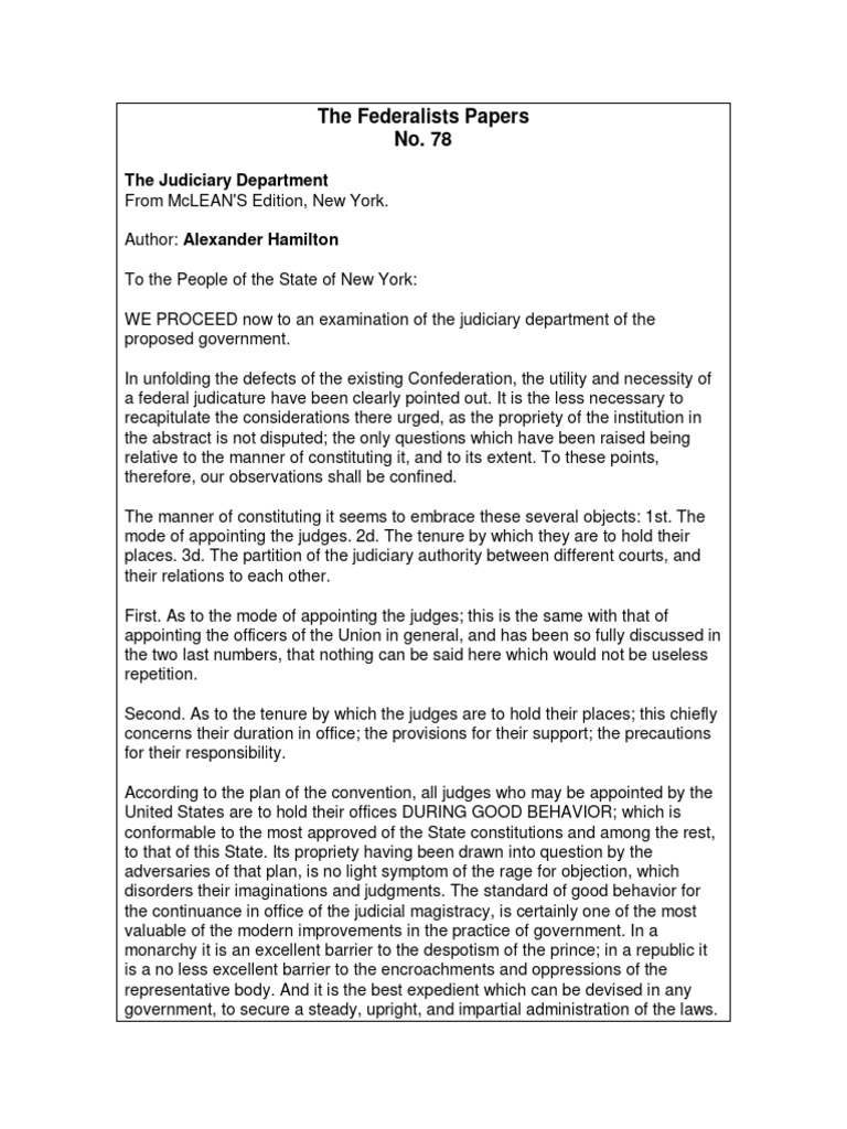 Federalist No. 78: The Judiciary Explained | PDF | The Federalist ...