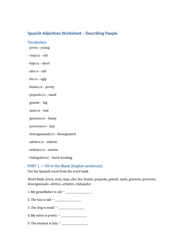 Hoja de Trabajo de Adjetivos en Español | PDF