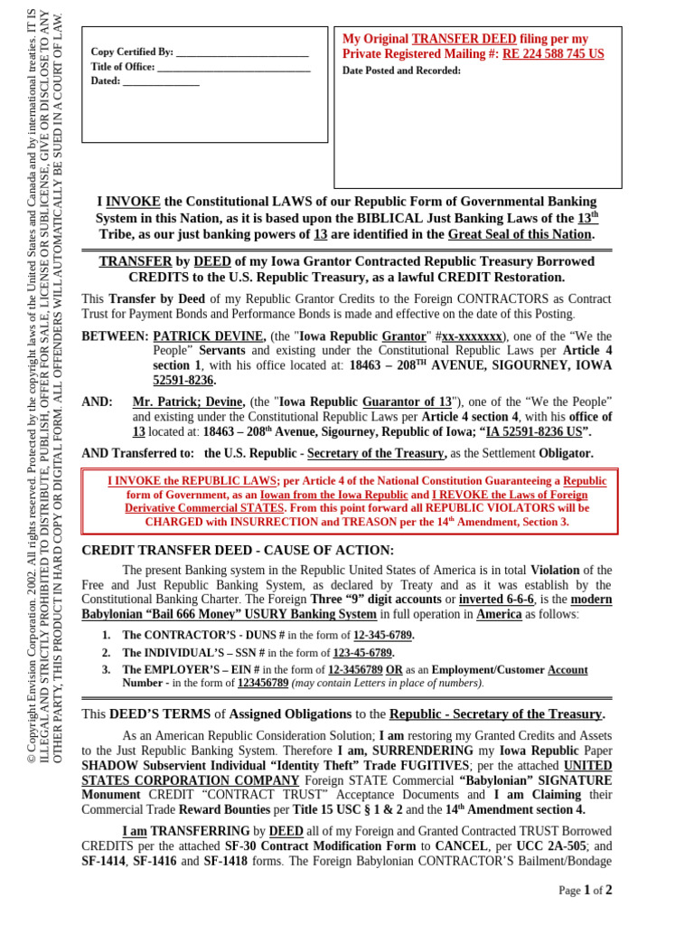 Iowa Republic Credit Transfer Deed | PDF | Deed | Surety